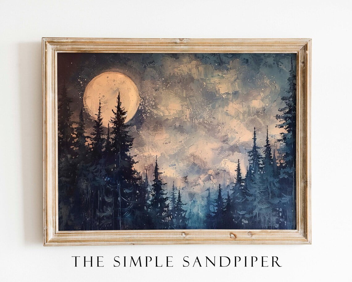 Modroom Full Moon Pine Tree Acrylic Painting Print, Night Sky Landscape ...