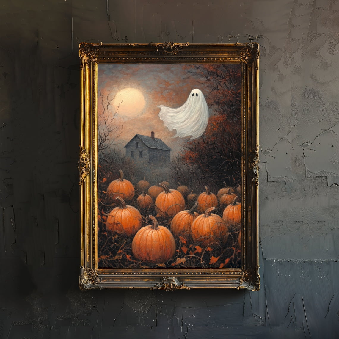 Modroom Ghost In Pumpkin Field Spooky Decor Antique Poster Rustic ...