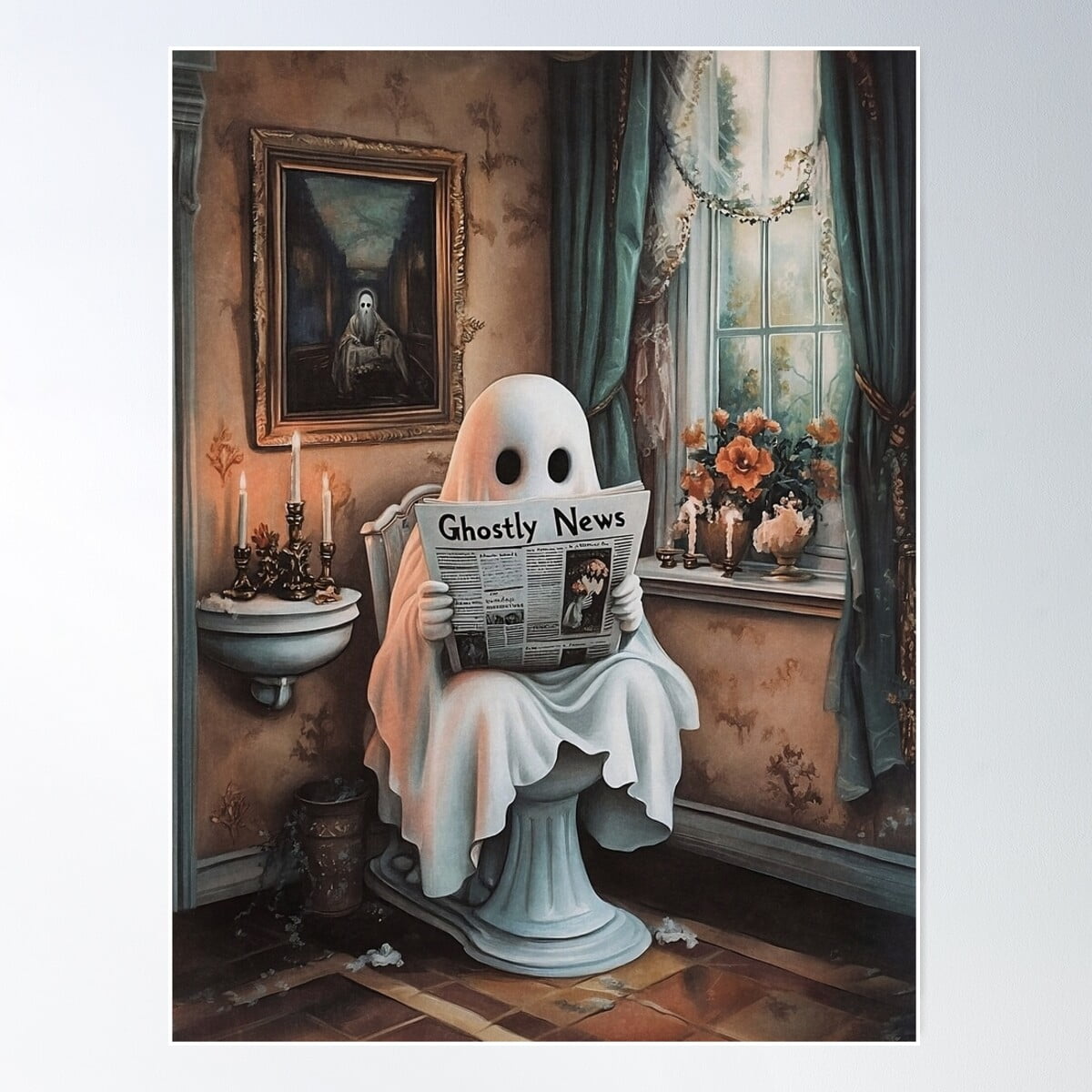 Modroom Ghost Reading Newspaper On Toilet Print, Dark Academia Poster ...