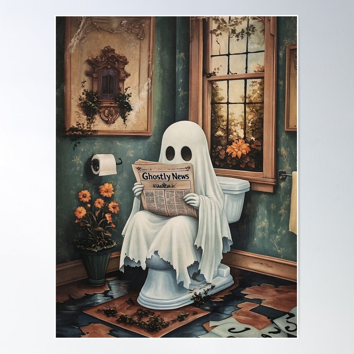 Modroom Ghost Reading Newspaper On Toilet Print, Dark Academia Poster ...