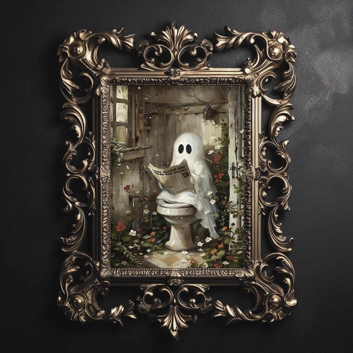 Modroom Ghost Reading Newspaper Poster, Whimsical Gothic Dark Academia ...