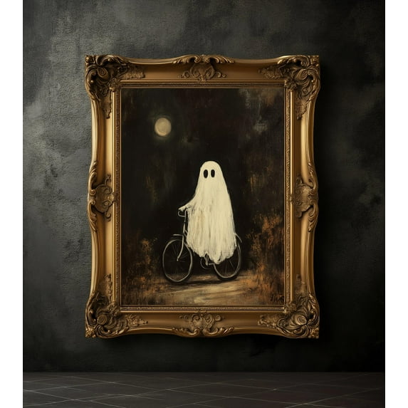 Modroom Ghost on Bicycle Poster, Cozy Winter Wall Art, Whimsical Ghost ...