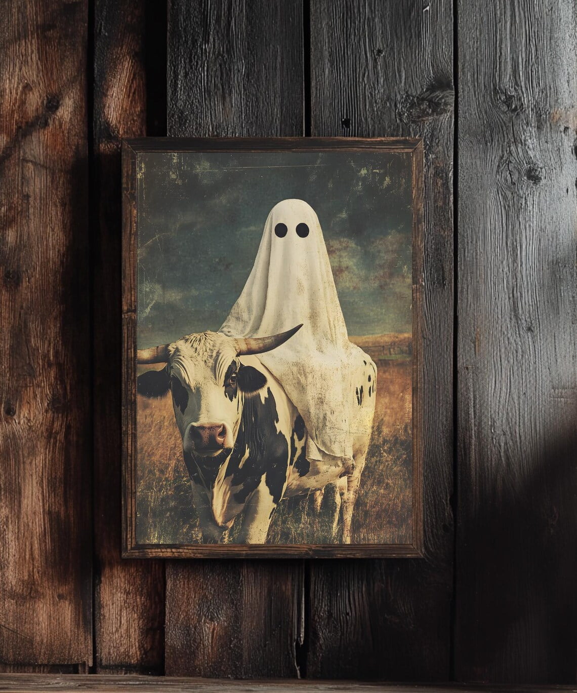 Modroom Ghost on Cow Poster, Rustic Holiday Wall Art, Gothic Seasonal ...