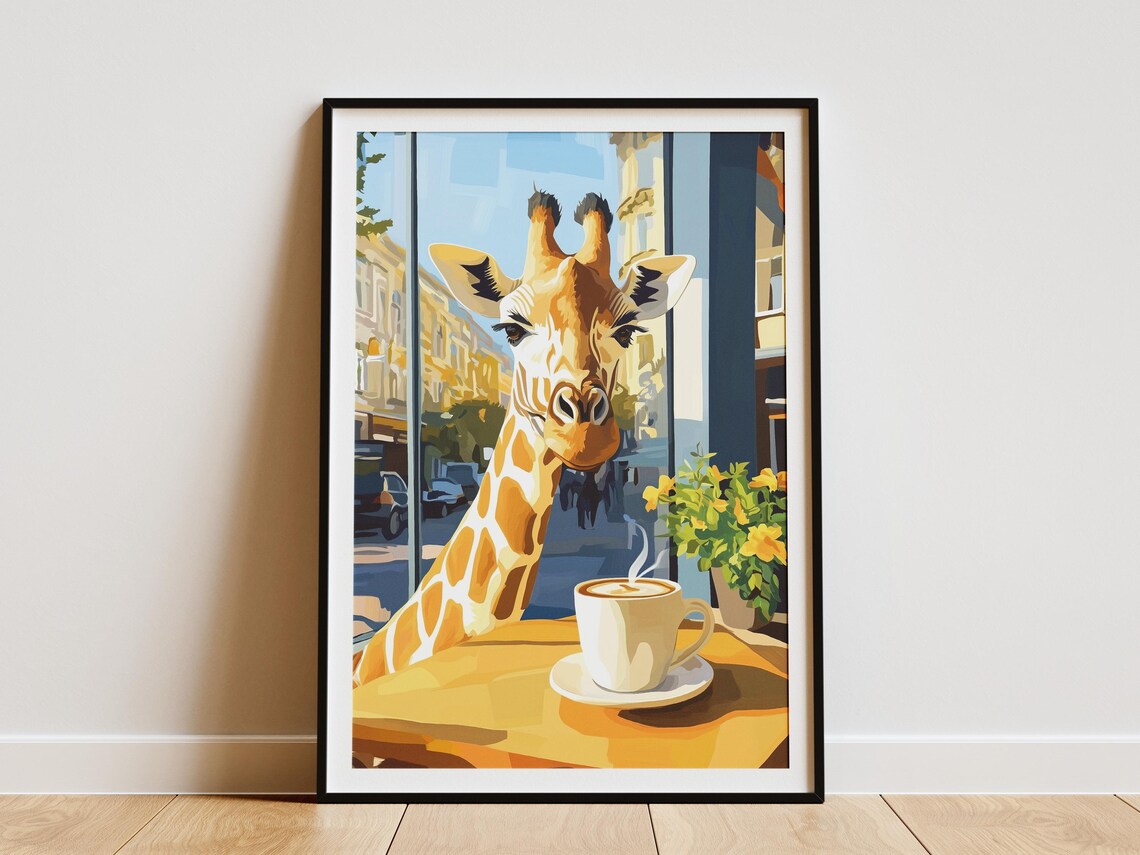 Modroom Giraffe Cafe Art Print Animal Coffee Poster Whimsical Giraffe ...