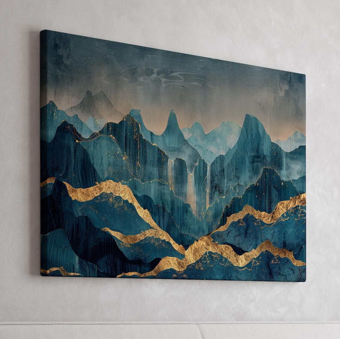 Modroom Gold And Blue Mountains Art Print, Golden Waterfalls Nature ...