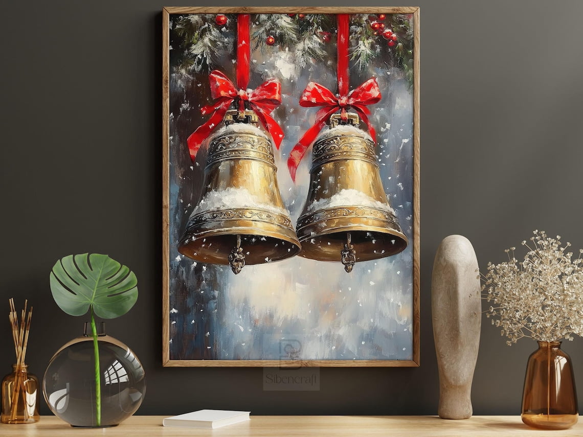 Modroom Golden Jingle Bells Poster, Vintage Holiday Wall Art, Cozy ...