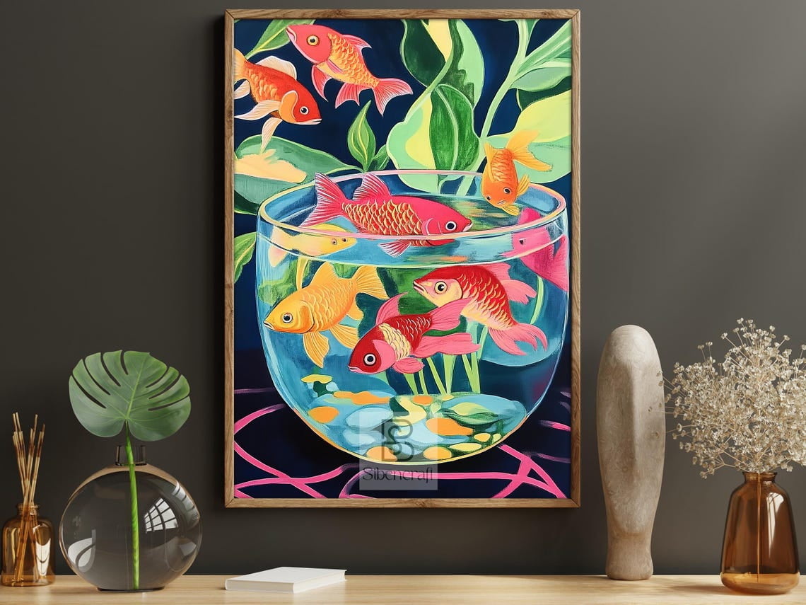 Modroom Goldfish Bowl Poster, Vibrant Aquarium Wall Art, Colorful Fish ...