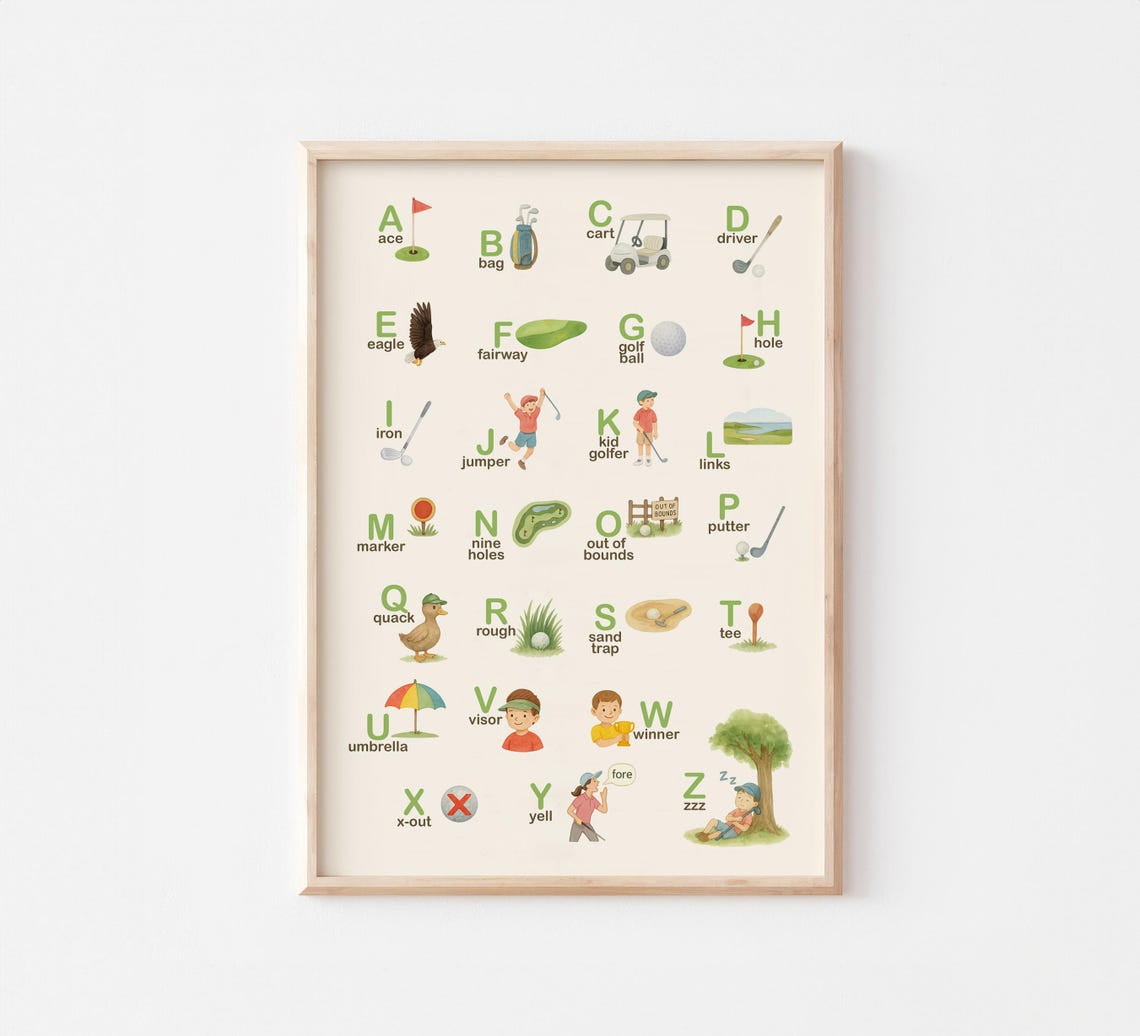 Modroom Golf Alphabet Poster | Golf Nursery Print | Kids Golf Wall Art ...