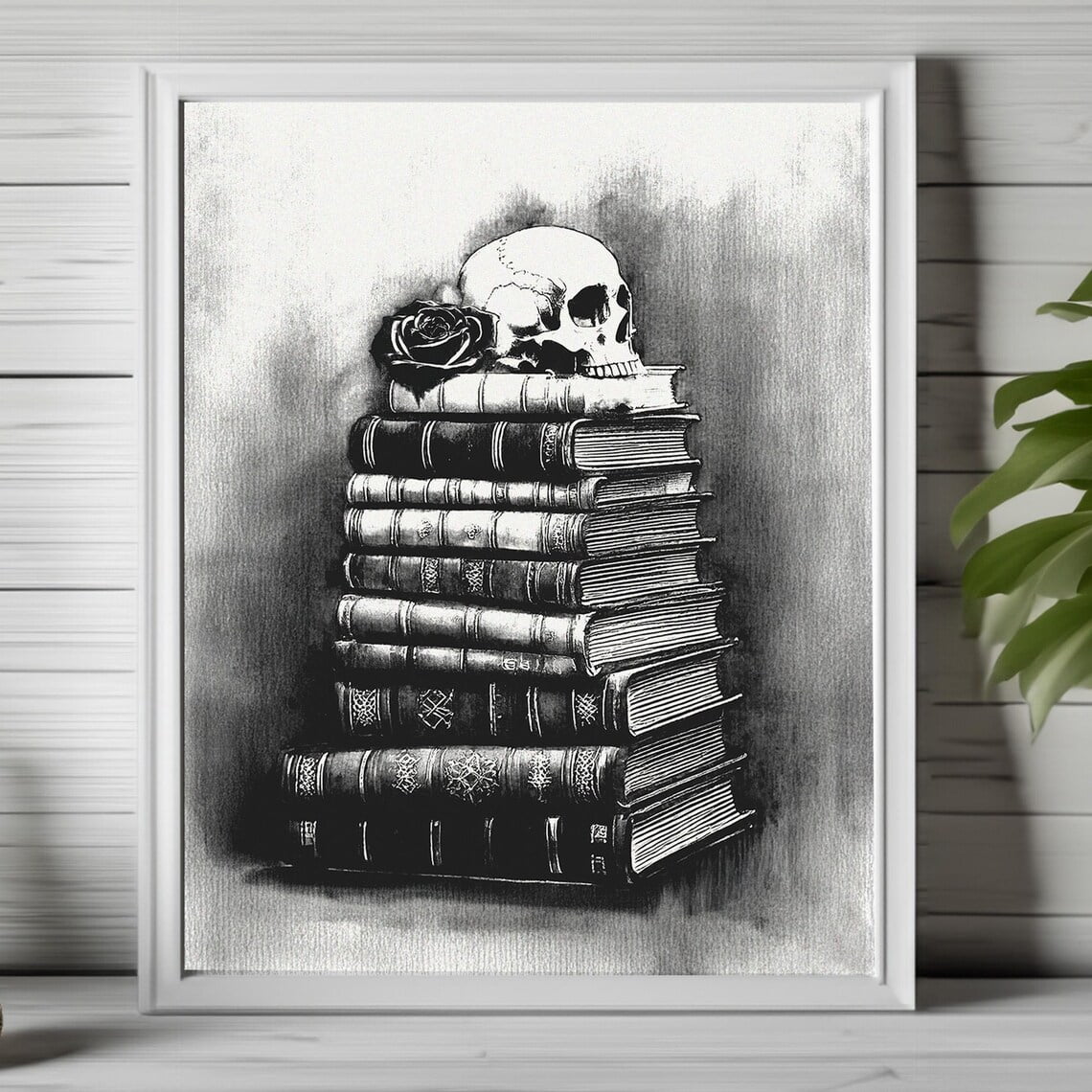 Modroom Gothic Book Stack Art, Dark Academia Wall Print, Skull And ...