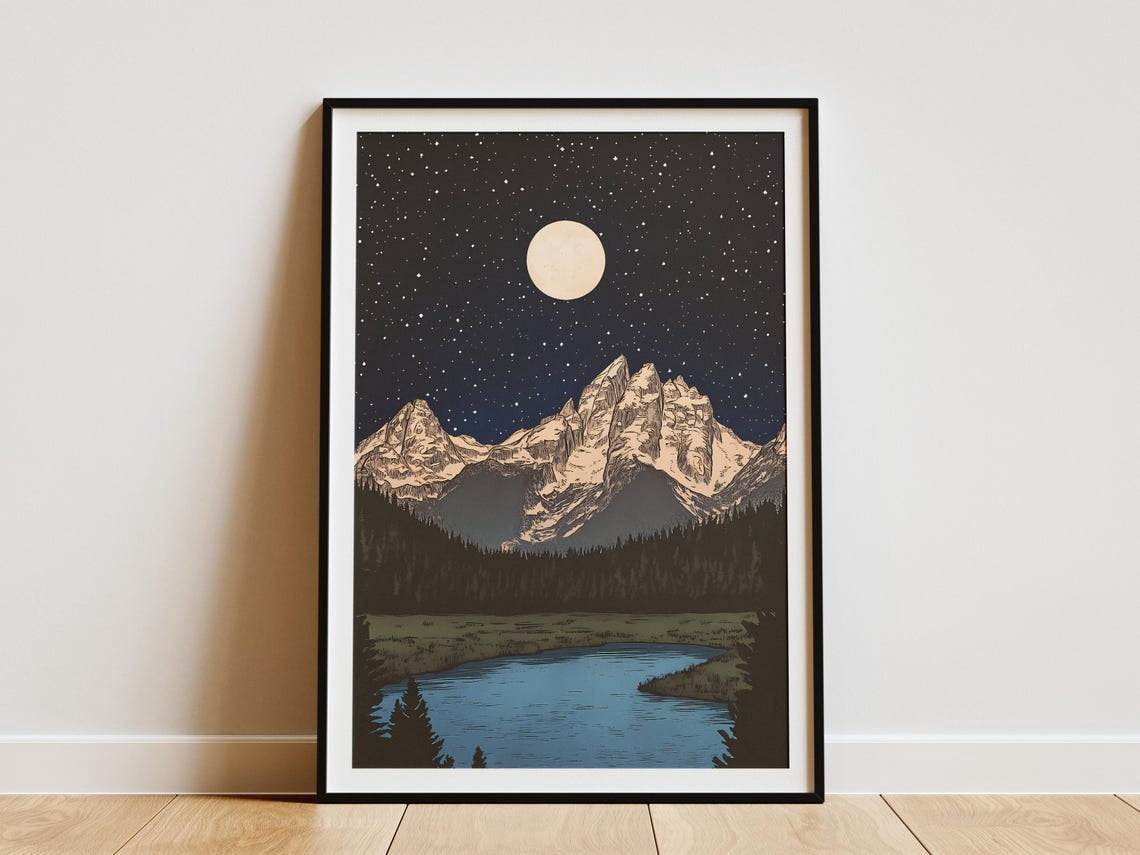 Modroom Grand Teton National Park Poster Wyoming Moonlit Scene Travel ...