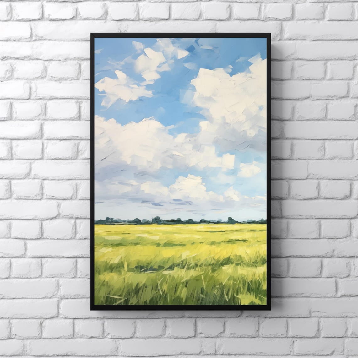 Modroom Grass Field Painting Art Print, Blue Sky Wall Art, Pastoral ...