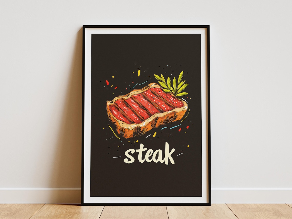 Modroom Grilled Steak Poster Flat Bold Title Food Art Print Kitchen ...