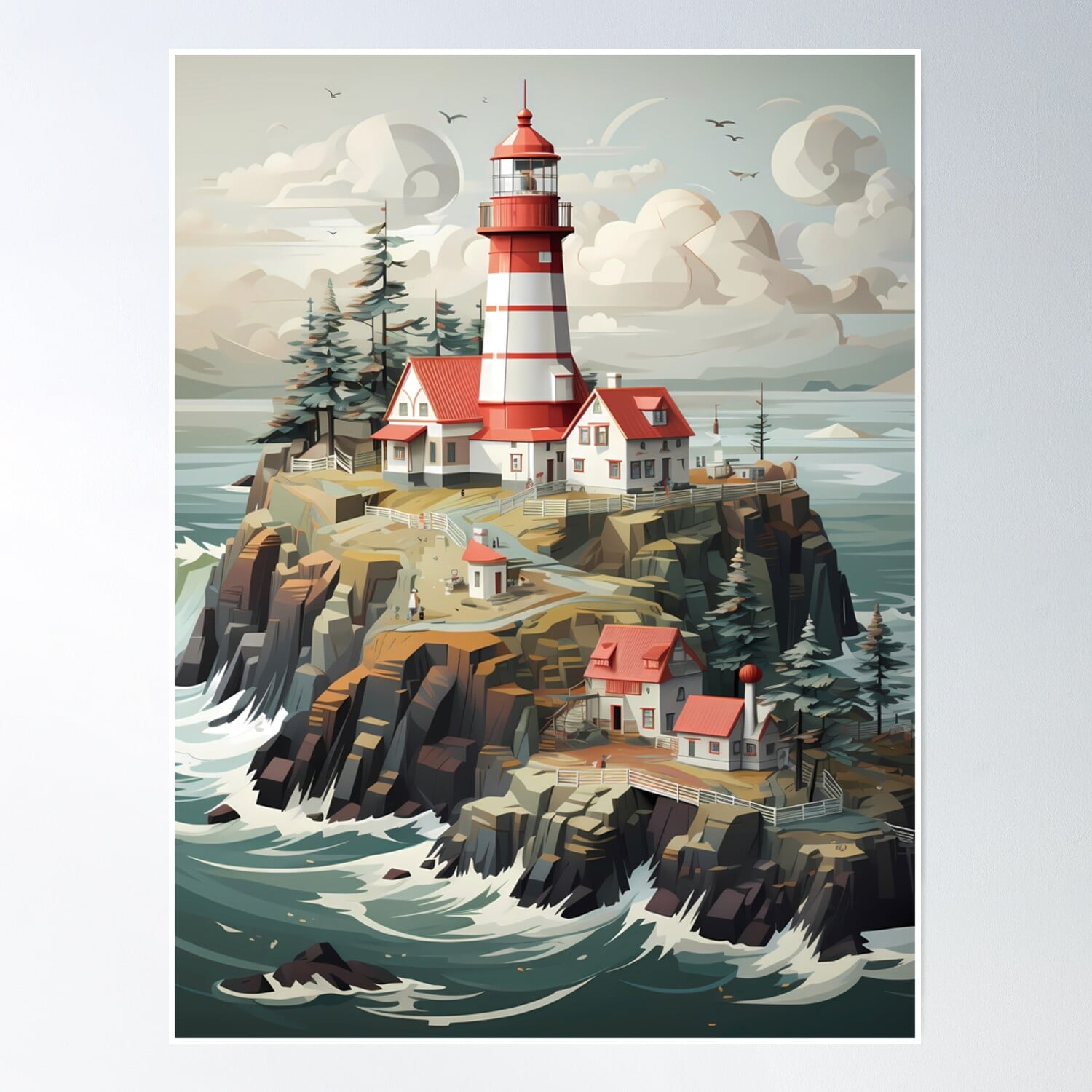 Modroom Guiding Light Cliffside Beacon Poster Wall Art, Modern Wall ...