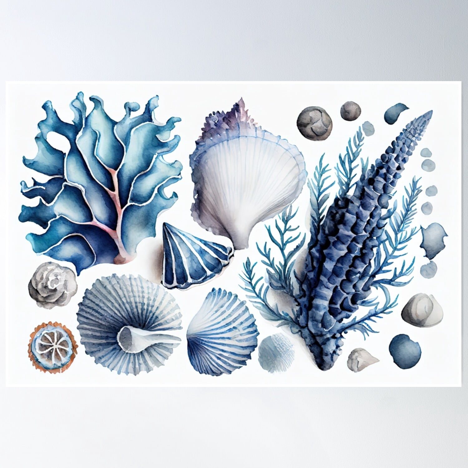 Modroom Hamptons Seaside Treasures - Watercolor Blue Shells Poster Wall ...