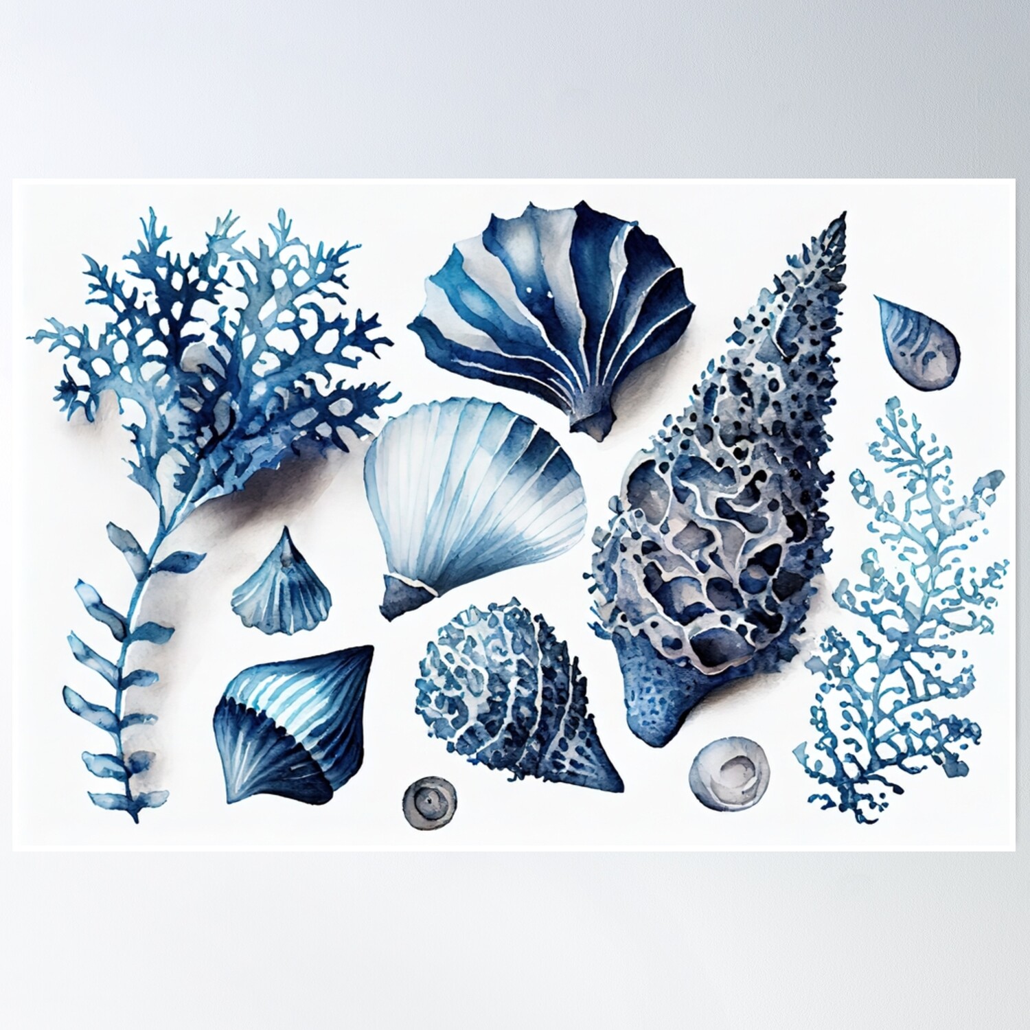 Modroom Hamptons Seaside Treasures - Watercolor Blue Shells Poster Wall ...