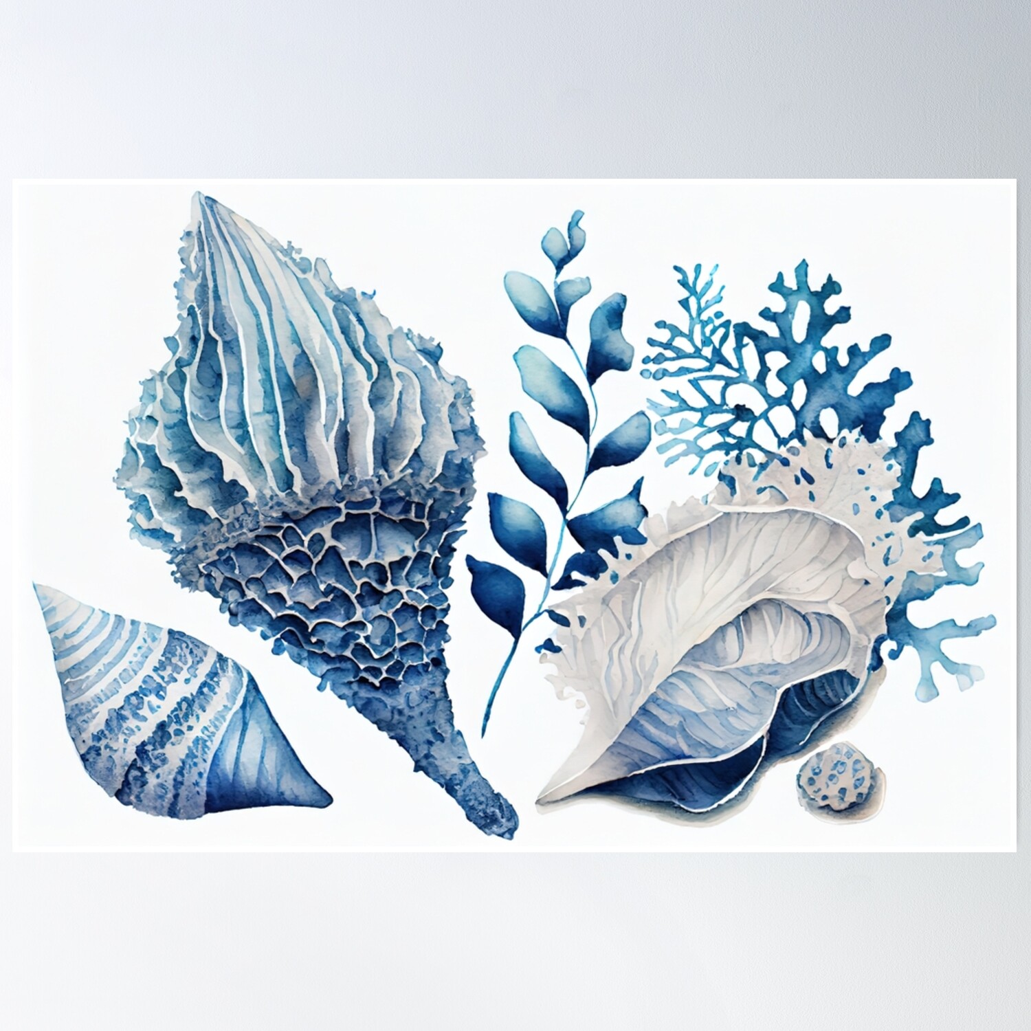 Modroom Hamptons Seaside Treasures - Watercolor Blue Shells Poster Wall ...