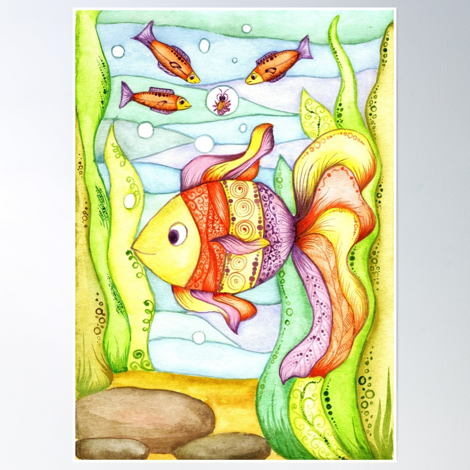Modroom Hand Painted Watercolor Fairy Fish And Prawn Poster Wall Art ...