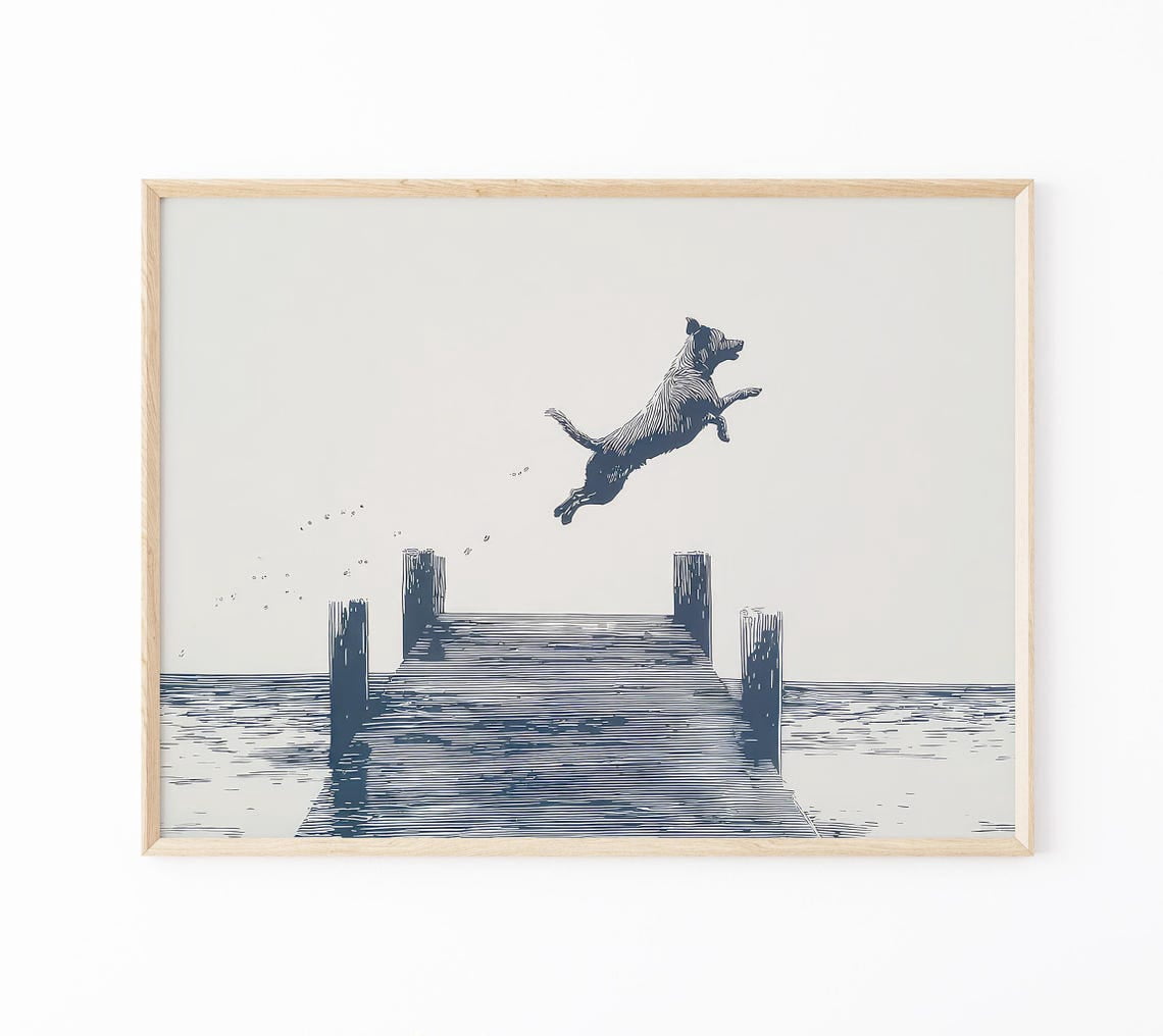 Modroom Happy Dog Jumping Off Dock Illustration | Happy Summertime Dog ...