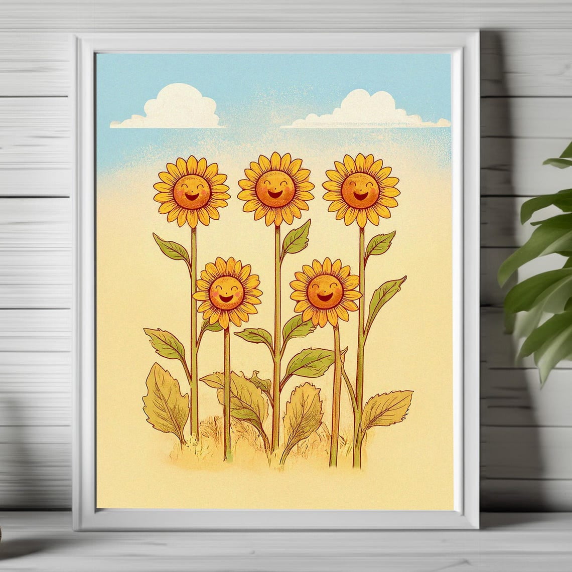 Modroom Happy Sunflower Art, Smiling Flowers Print, Whimsical Garden ...