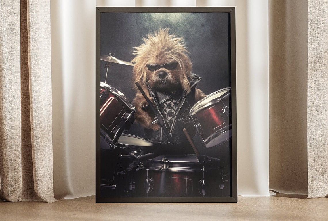 Modroom Heavy Metal Dog Drummer Poster, Rock Band Wall Art For Music ...