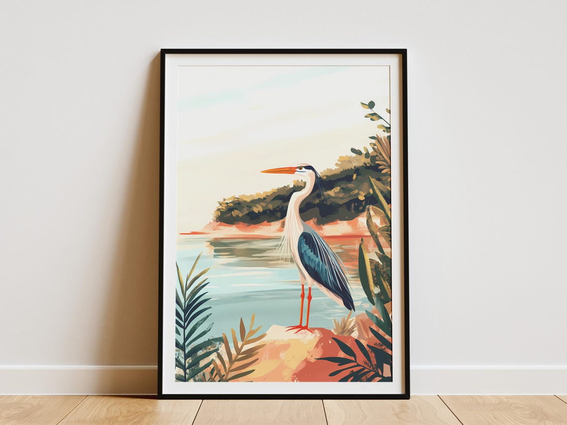 Modroom Heron In The Mist Lake Bird Poster Coastal Bird Wall Art Nature ...