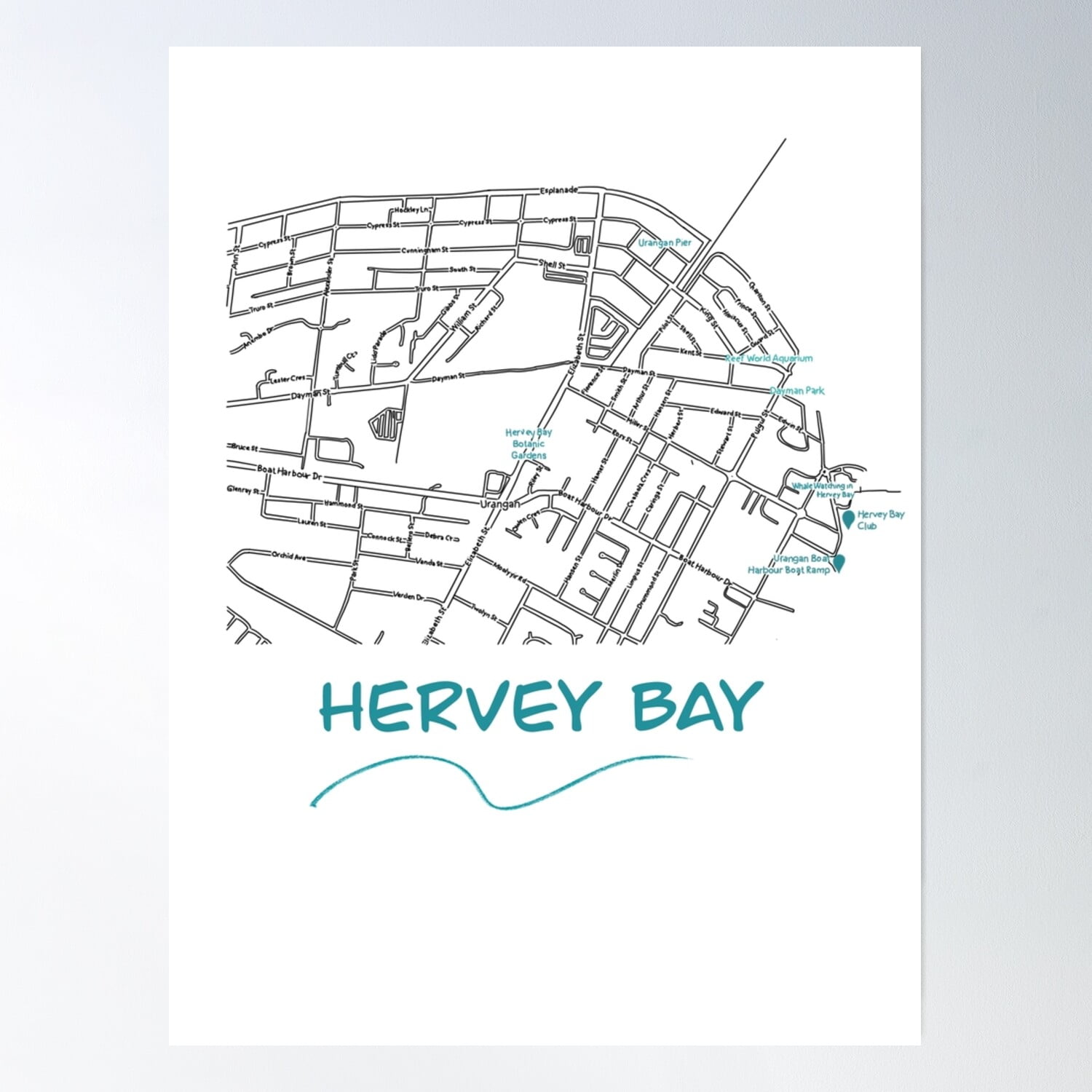 Modroom Hervey Bay Map Poster Wall Art, Modern Wall Decor, 24x36 ...
