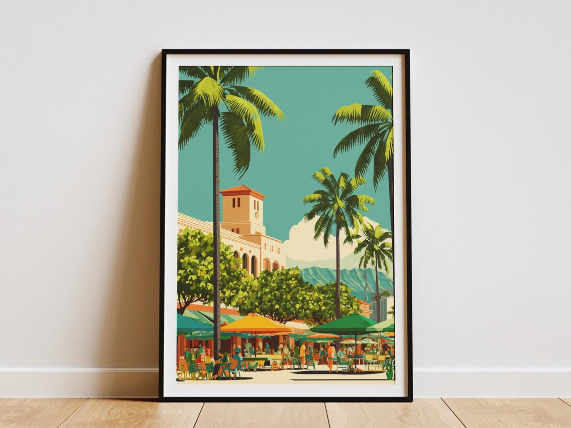 Modroom Honolulu Hawaii Travel Poster Tropical Market Scene Vintage ...