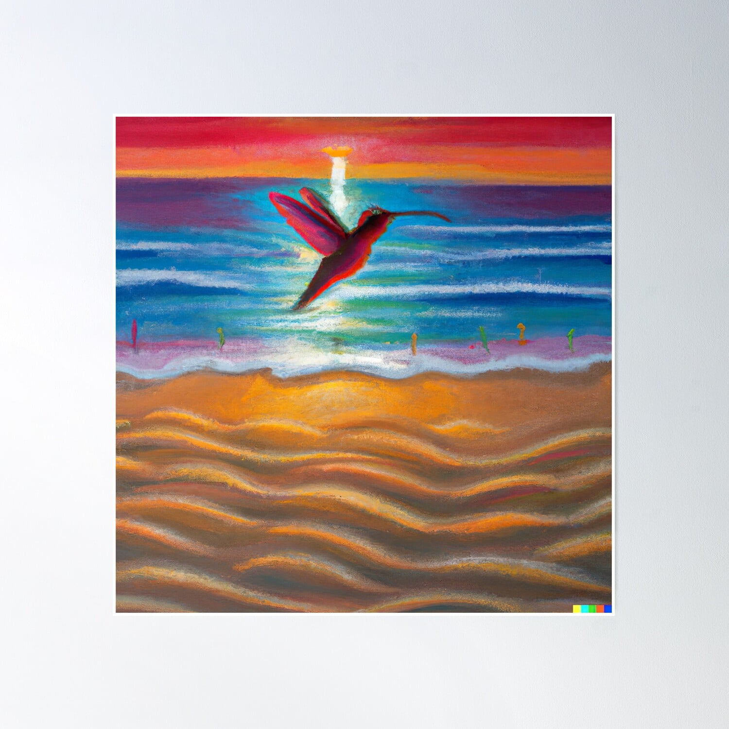 Modroom Hummingbird On The Beach Painting Poster Wall Art, Modern Wall ...