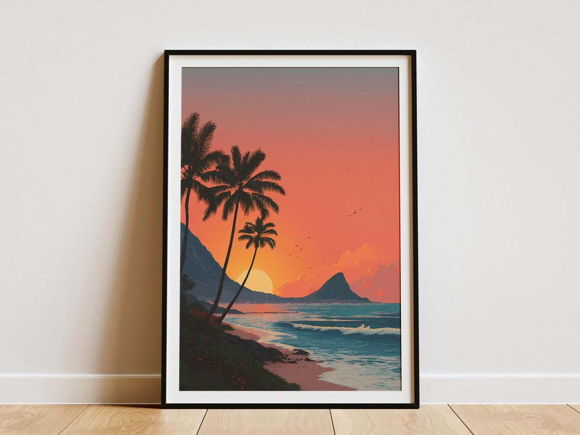 Modroom Island Sunrise Poster Hawaiian Travel Print Tropical Wall Art ...
