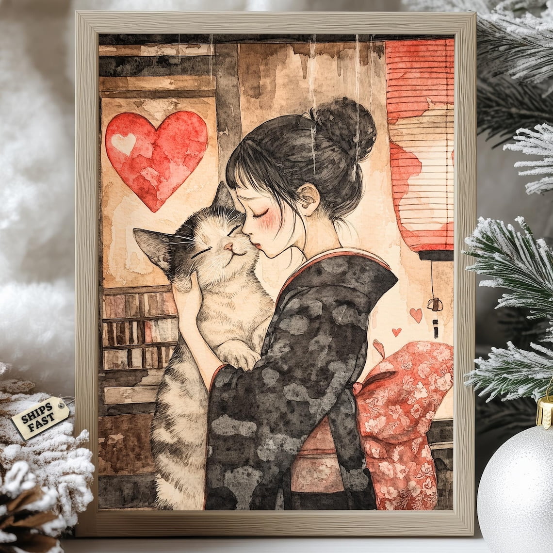 Modroom Japanese Cat Love Poster Romantic Kimono Lantern Heart Wall Art ...