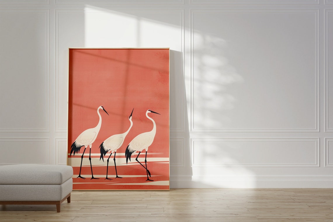 Modroom Japanese Crane Poster Vintage Muted Tones Bird Wall Art Ohara ...