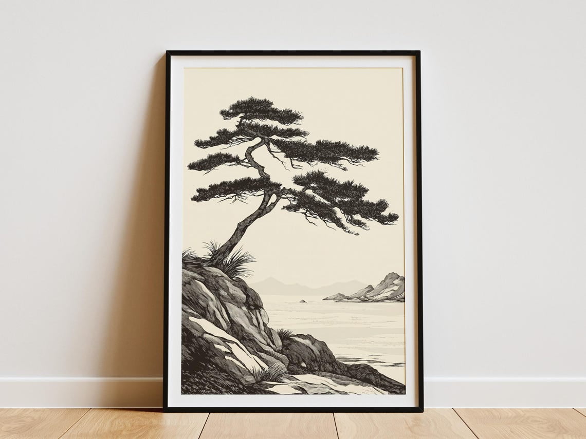 Modroom Japanese Pine Tree Poster Coastal Landscape Black And White ...