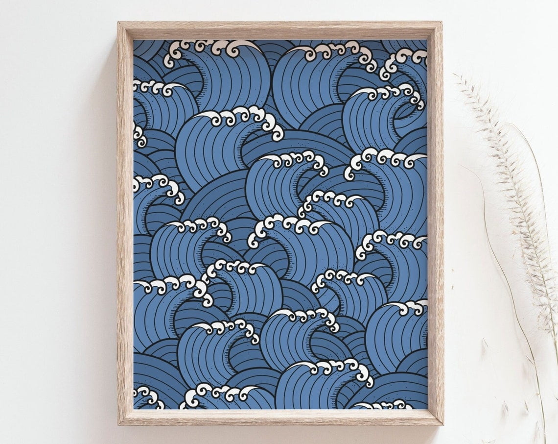 Modroom Japanese Wave Pattern Print - Deep Indigo Blue Simple Line Wave ...