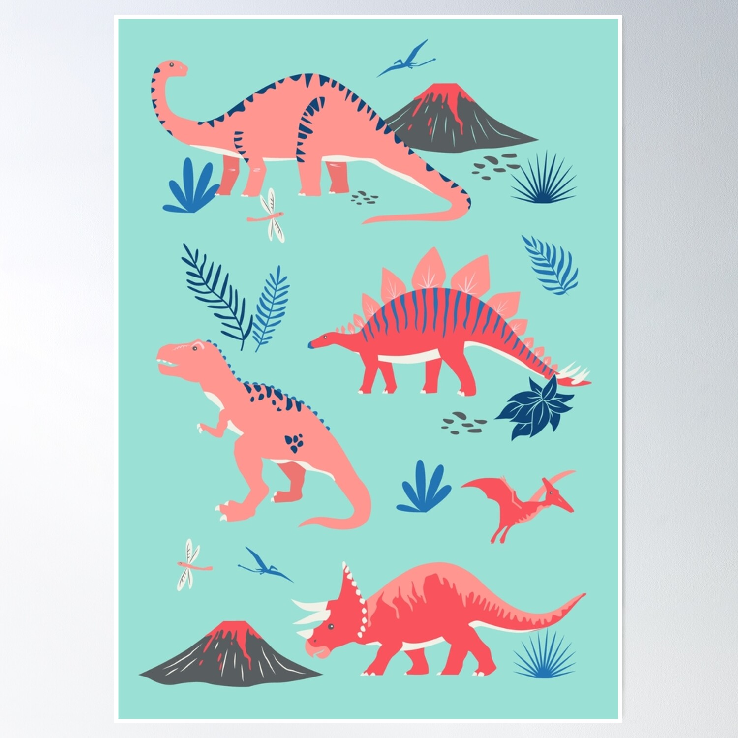 Modroom Jurassic Dinosaurs In Turquoise + Coral Poster Wall Art, Modern ...