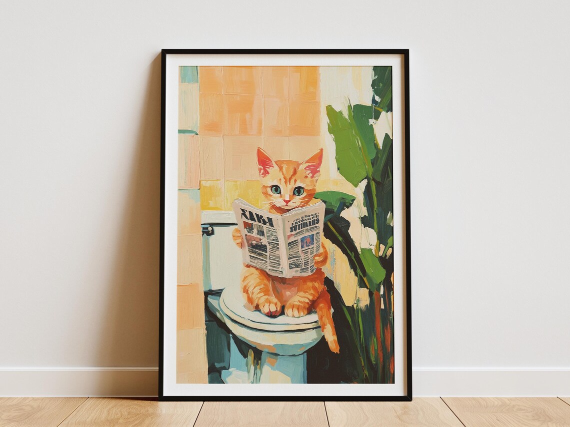 Modroom Kitten Newspaper Poster Cat On Toilet Print Cat Art Bathroom ...