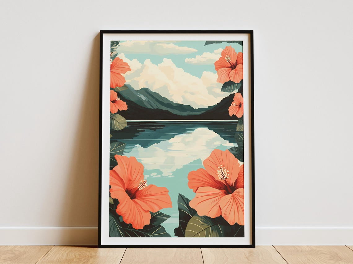 Modroom Lake House Hibiscus Flowers Poster Print Calm Lake Floral ...