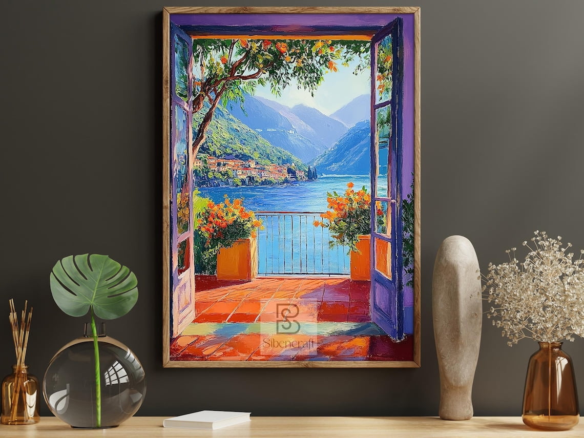 Modroom Lake Terrace Poster, Serene Balcony Wall Art, Scenic Lake Print ...