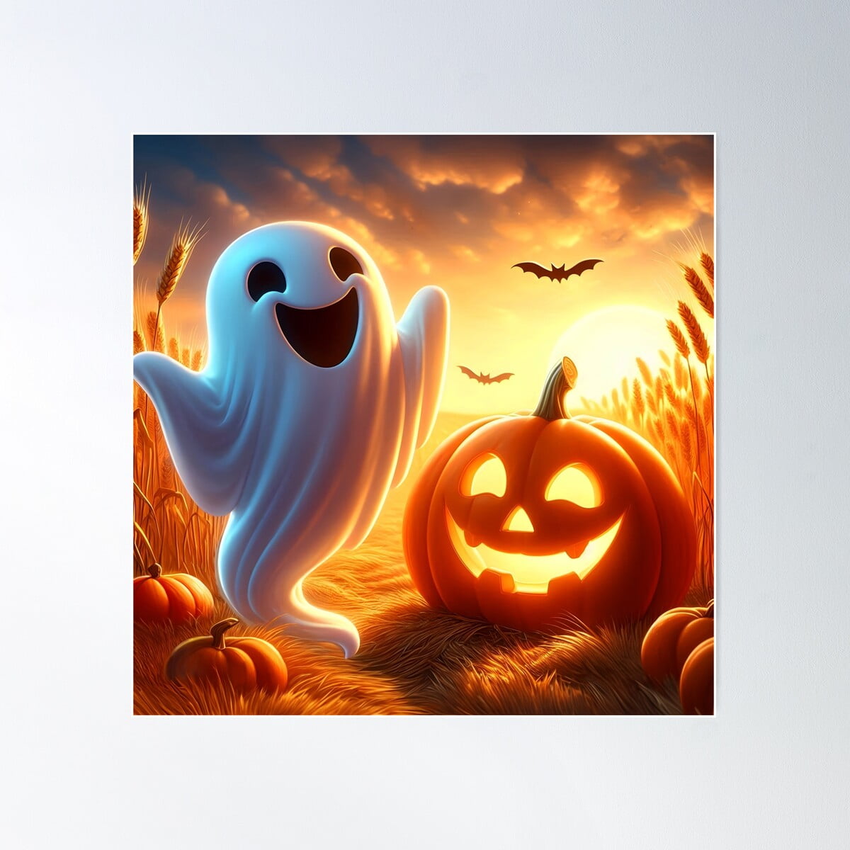 Modroom Laughing Cartoon Ghost With A Jackolantern And Bats On A Wheat ...