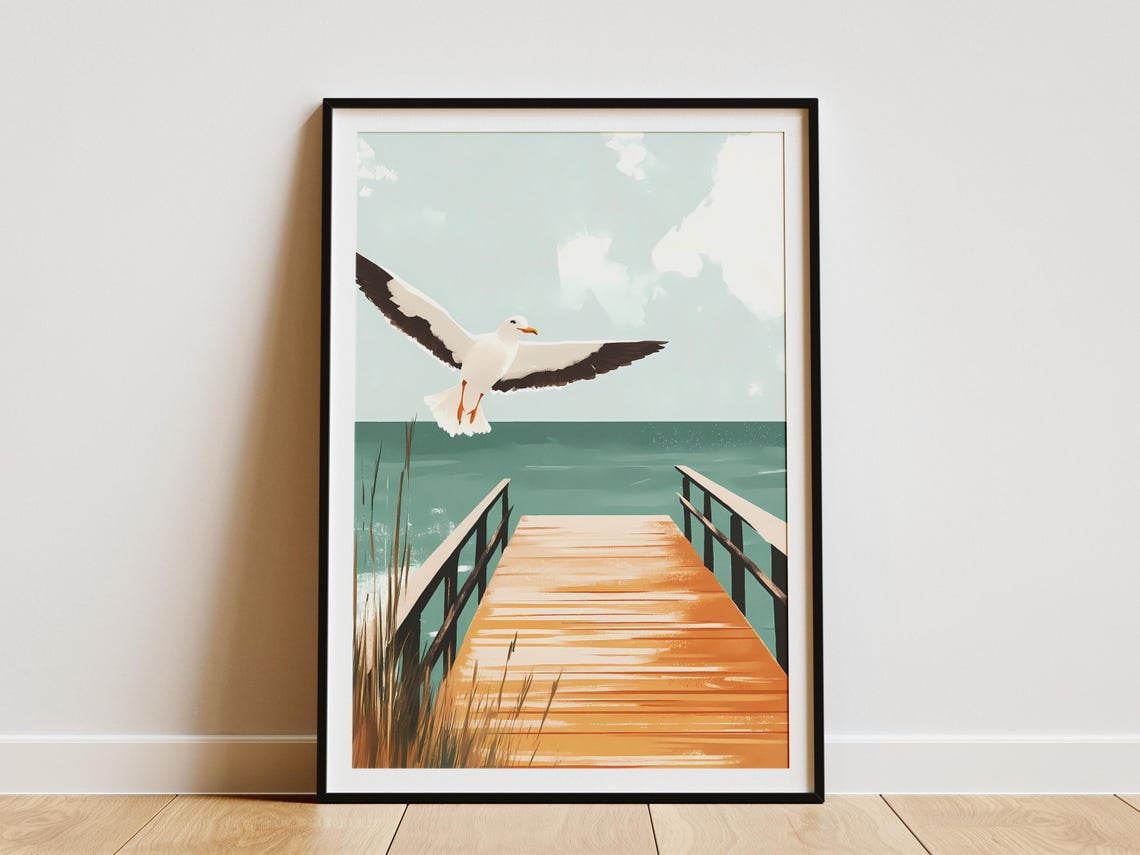 Modroom Laughing Gulls Beach Boardwalk Poster Seagull Art Coastal Decor ...