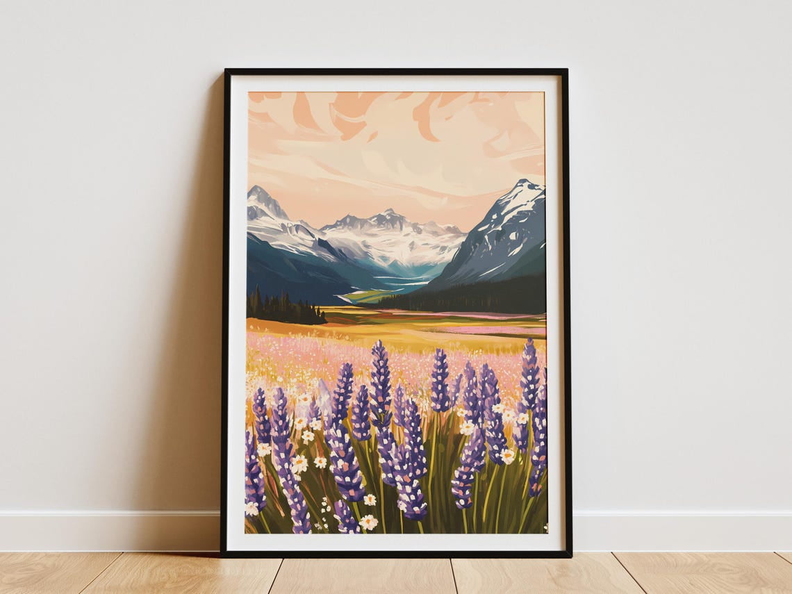 Modroom Lavender Field Mountain Poster Purple Flowers Landscape Art ...