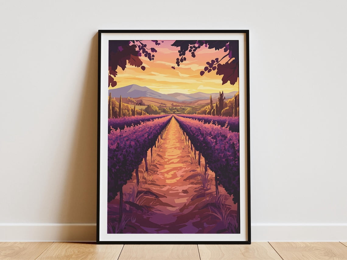 Modroom Lavender Vineyard Sunset Landscape Poster Purple Vineyard Dusk ...