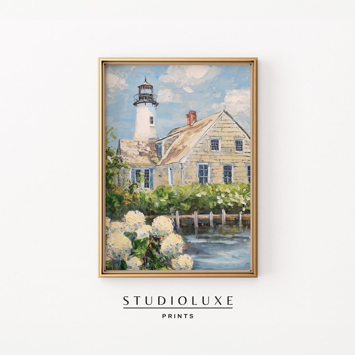 Modroom Lighthouse Beach House Wall Art, Coastal Hydrangea Print ...