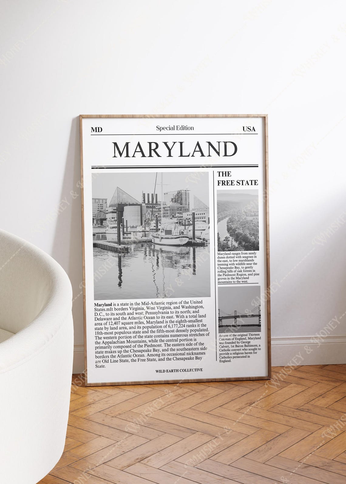 Modroom Maryland State Art Poster | Newspaper Art | Black And White Art ...