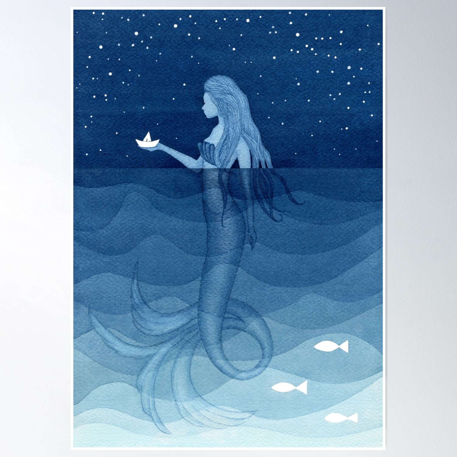 Modroom Mermaid With A Paper Boat. Poster Wall Art, Modern Wall Decor ...