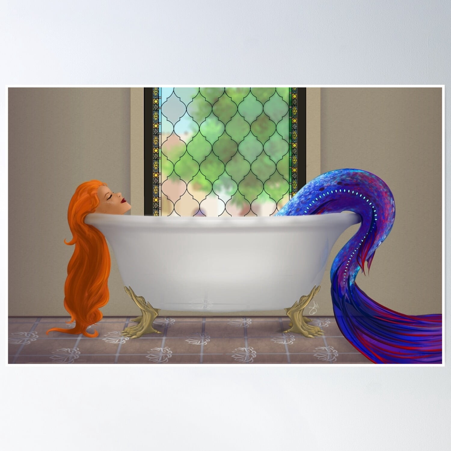 Modroom Merrow - Mermaid Bathtub Stained Glass Tail Poster Wall Art ...