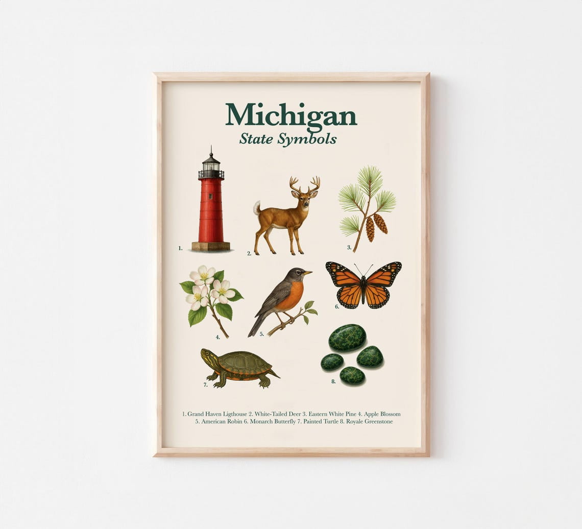Modroom Michigan State Symbols Poster Educational Wall Art State ...