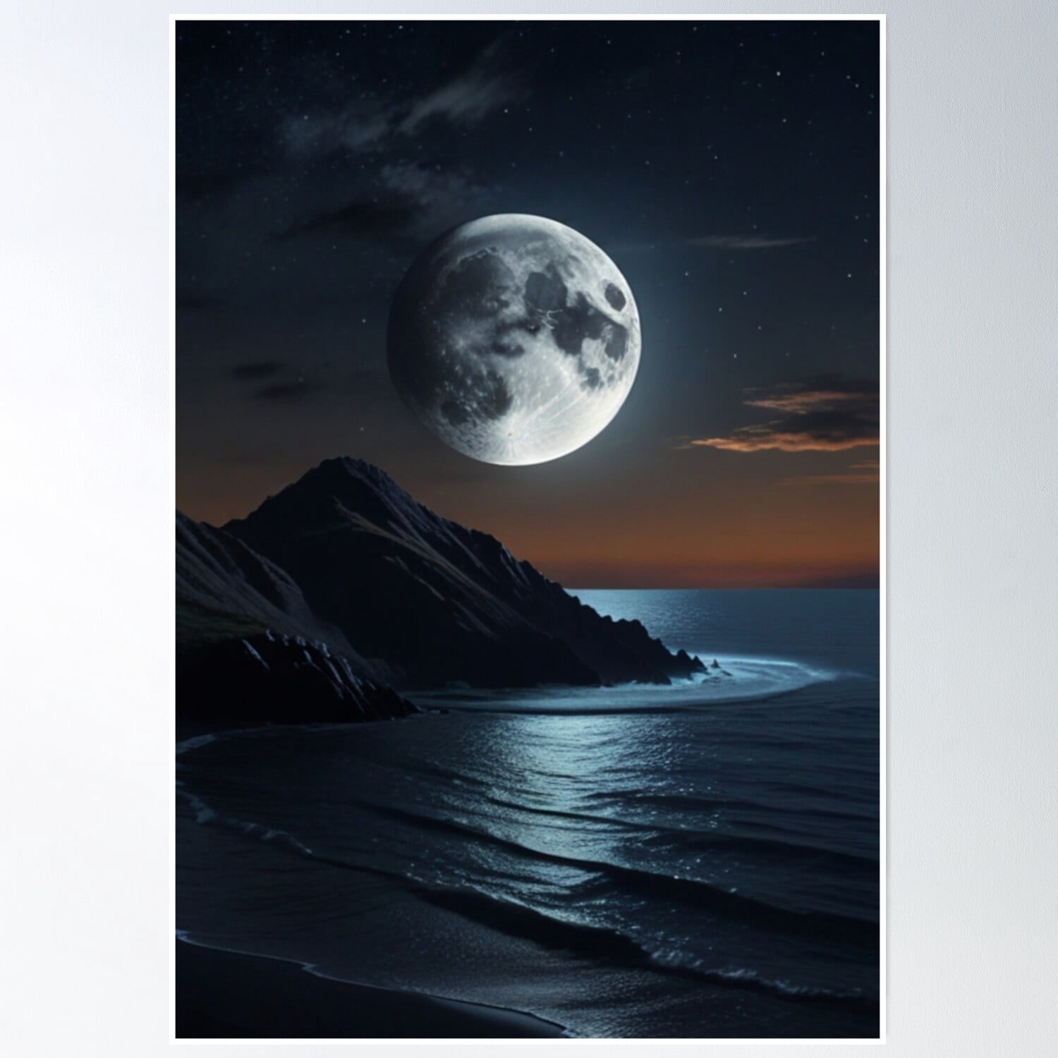 Modroom Midnight Sky Mountain Ocean Full Moon Poster Wall Art, Modern ...