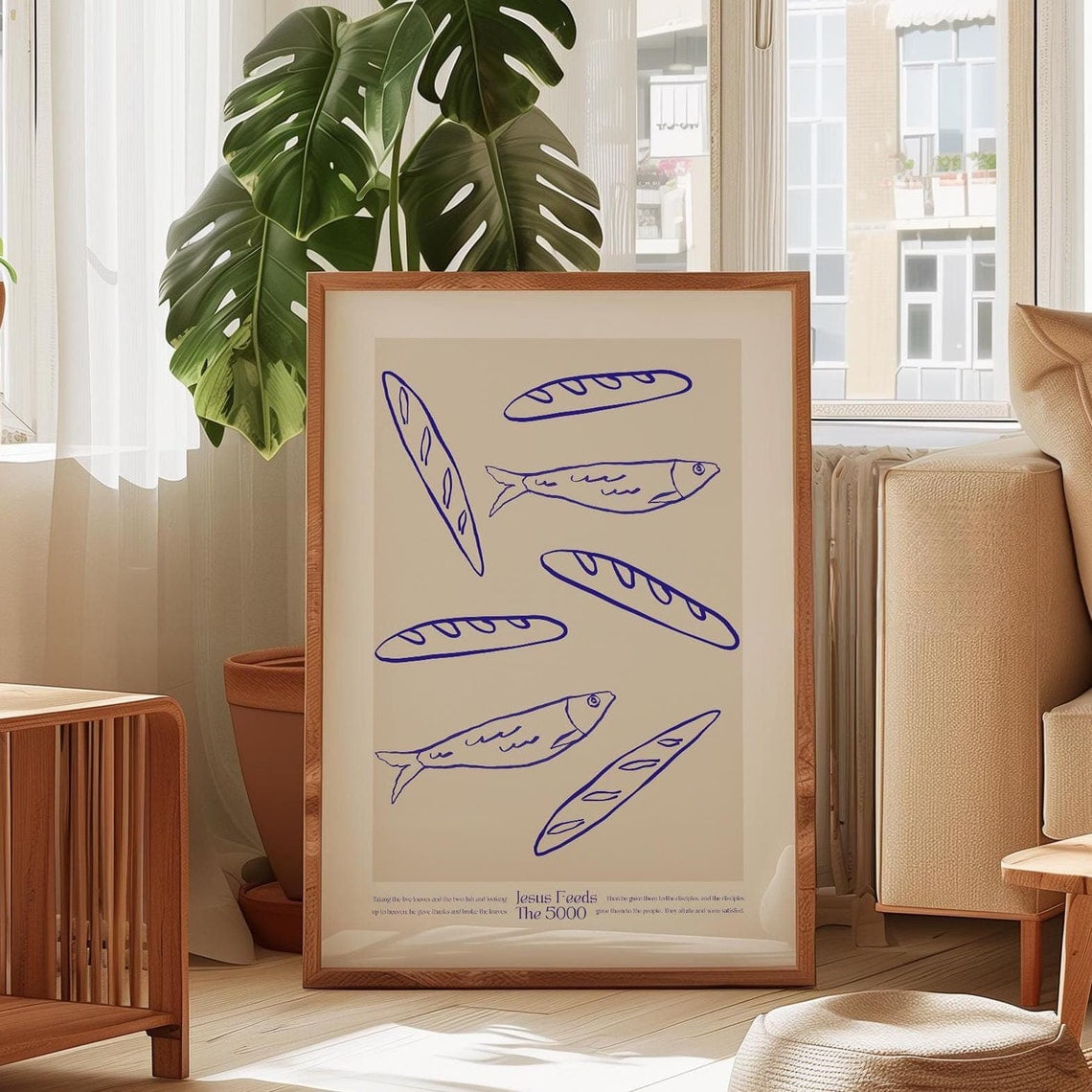 Modroom Minimalist Christian Wall Art Jesus Feeds 5000 Poster Navy Blue ...