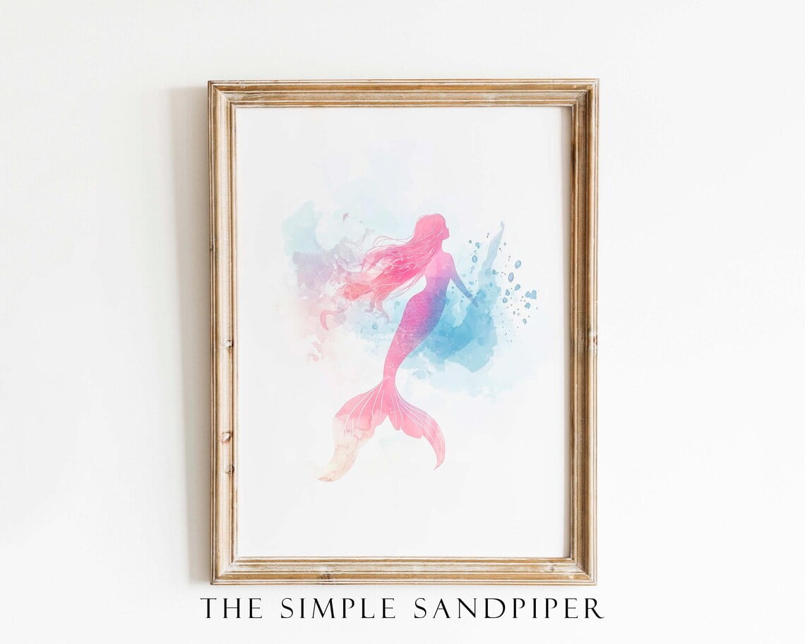 Modroom Minimalist Mermaid Print, Pastel Pink & Blue Digital Art For ...