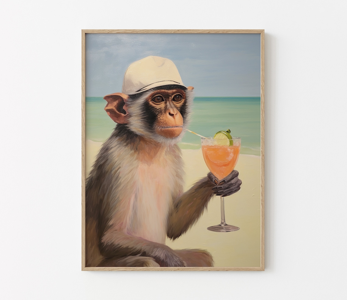 Modroom Monkey With Cocktail | Retro Bar Cart Aesthetic Decor | Cute ...
